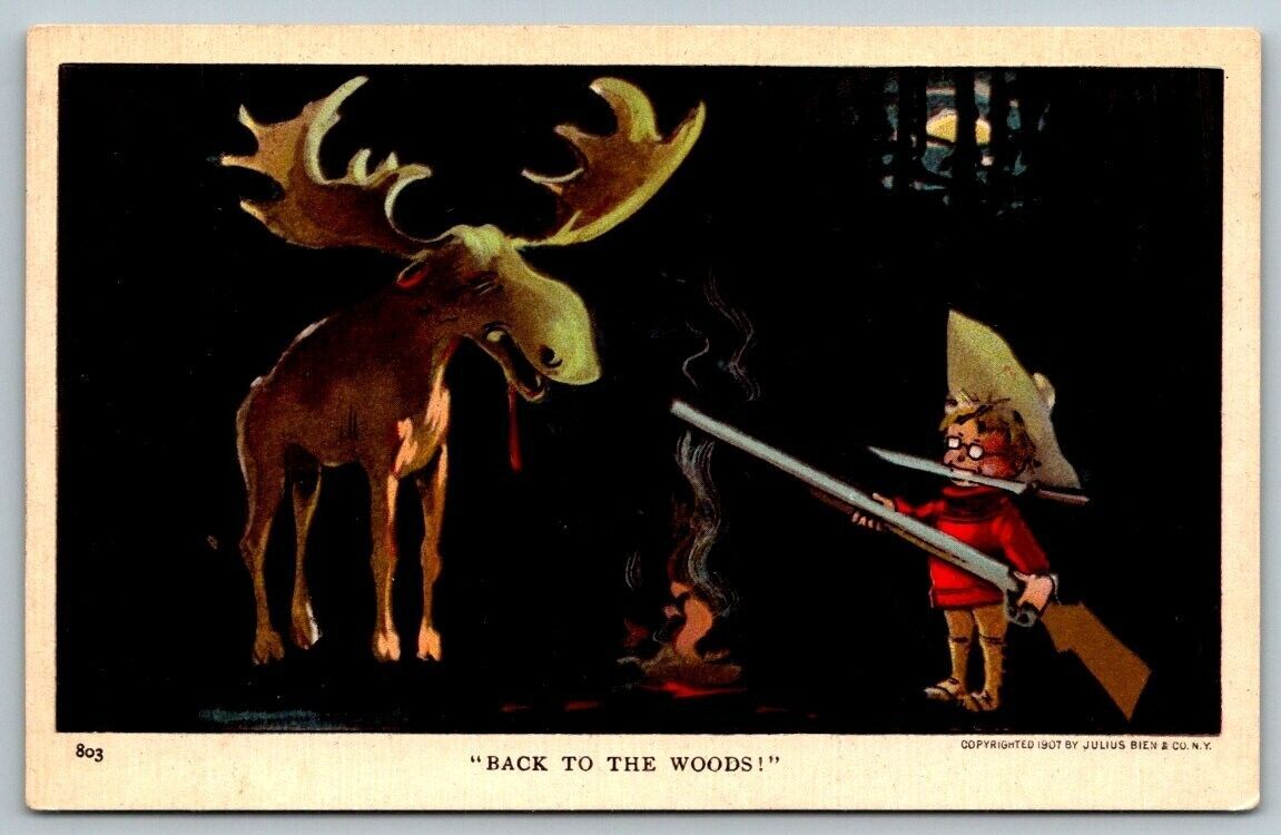 1907 Little Boy With Shotgun Moose Campfire Back to the Woods Postcard ...