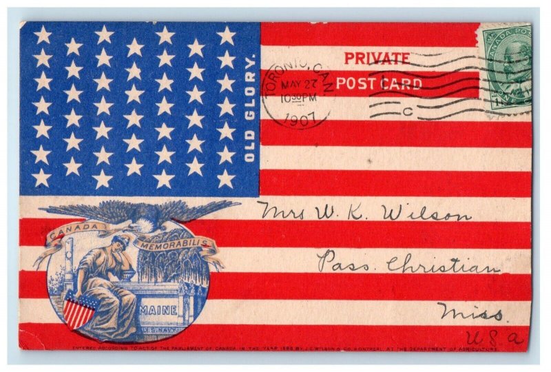 1907 American Flag Old Glory Toronto Canada US Navy USS Maine Memorial ...