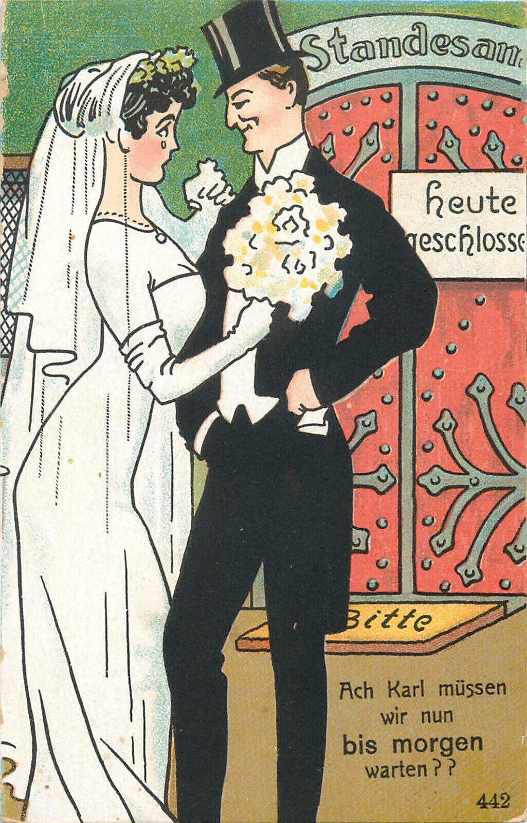 Marriage humour groom and bride wedding caricature vintage postcard ...