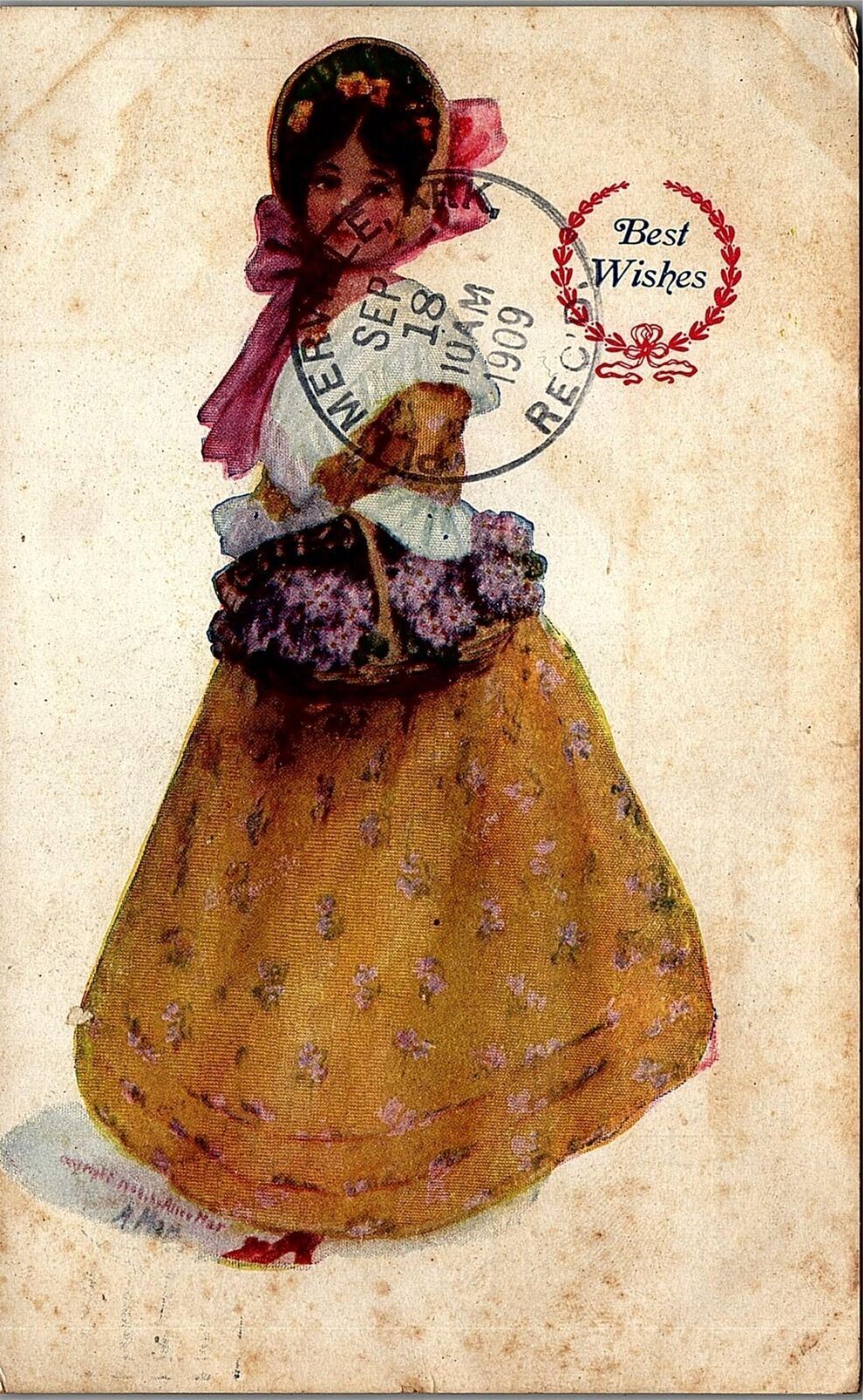 1909 Pretty Young Girl Bonnett Flower Basket Alice MAR Artist Postcard ...