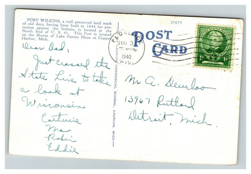 Vintage 1940 Postcard Fort Wilkins Lake Fannie Hooe Copper Harbor ...