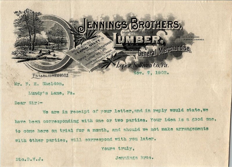 1902 Jennings Brothers Lopez PA Letter General Merchandise Spruce ...