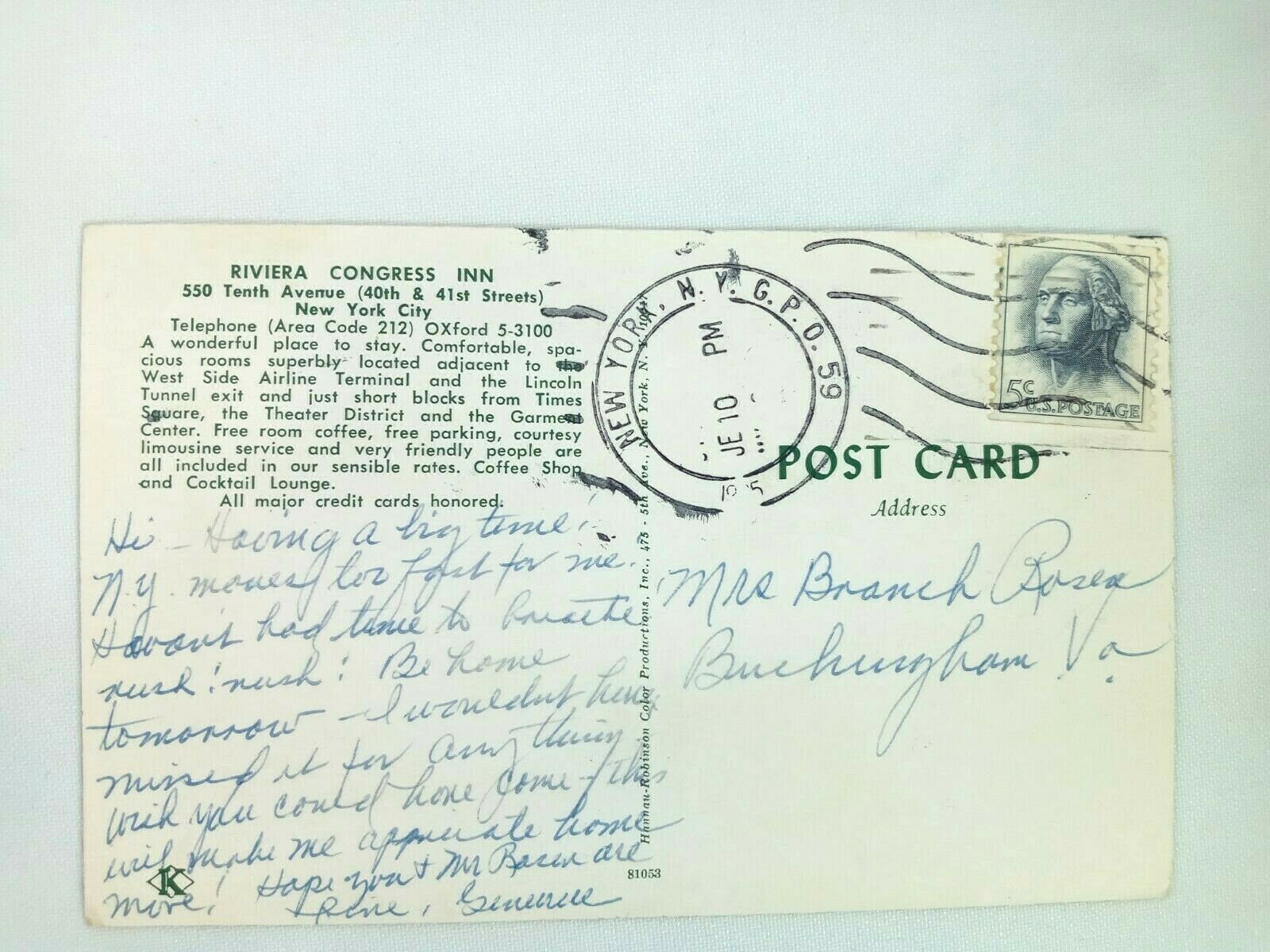 Vintage Postcard Riviera Congress Inn 40th & 41st Street New York City ...