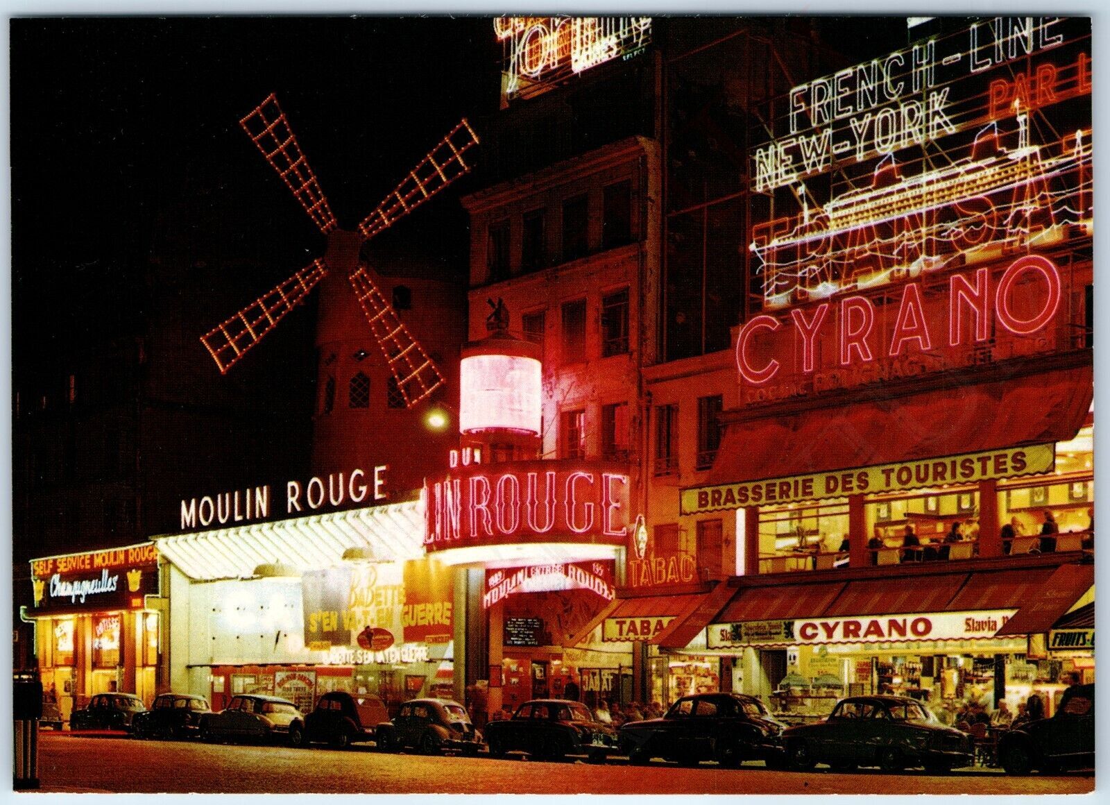 c1970s Paris, France Le Moulin Rouge Night Scene Cabaret Cyrano Neon ...