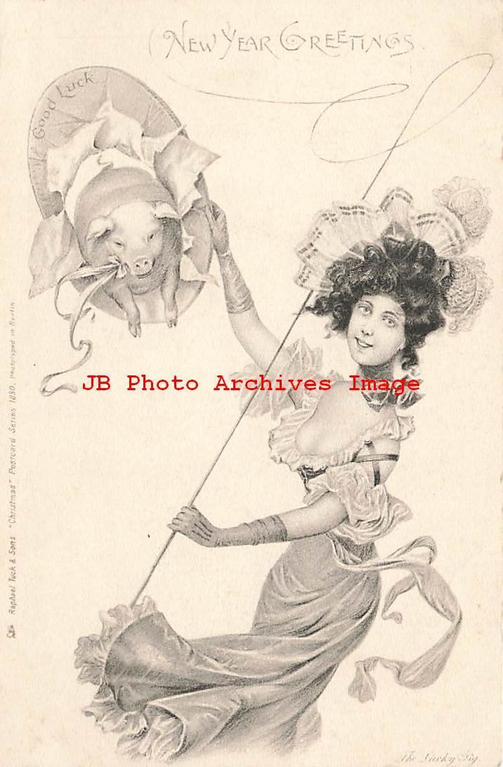 New Year, Tuck No 1830, Art Nouveau, Pig Jumps Through Hoop Held by ...
