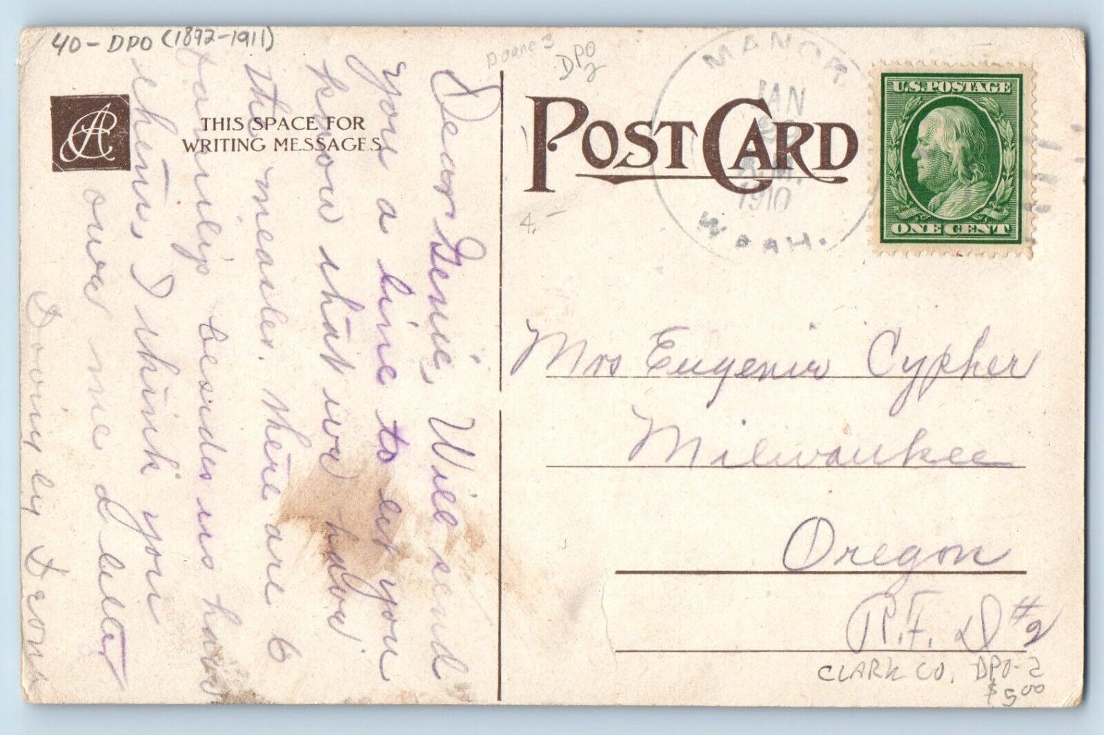 DPO (1892-1911) Manor WA Postcard Pretty Woman Flowers Archie Gunn ...
