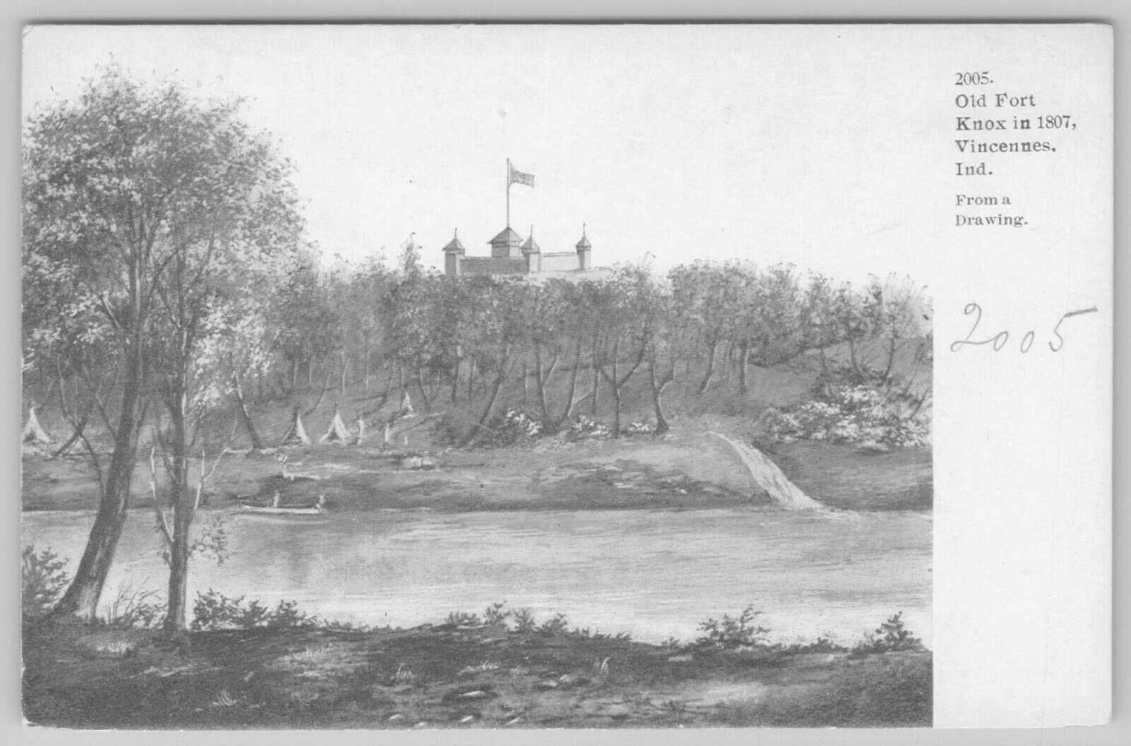 Vincennes Indiana~old Fort Knox on Hilltop c1807 Drawing~Indian Teepees ...