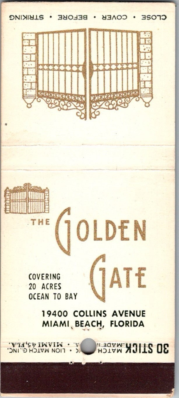 Vintage Matchbook The Golden Gate Hotel Miami Beach FL MB56 | United ...