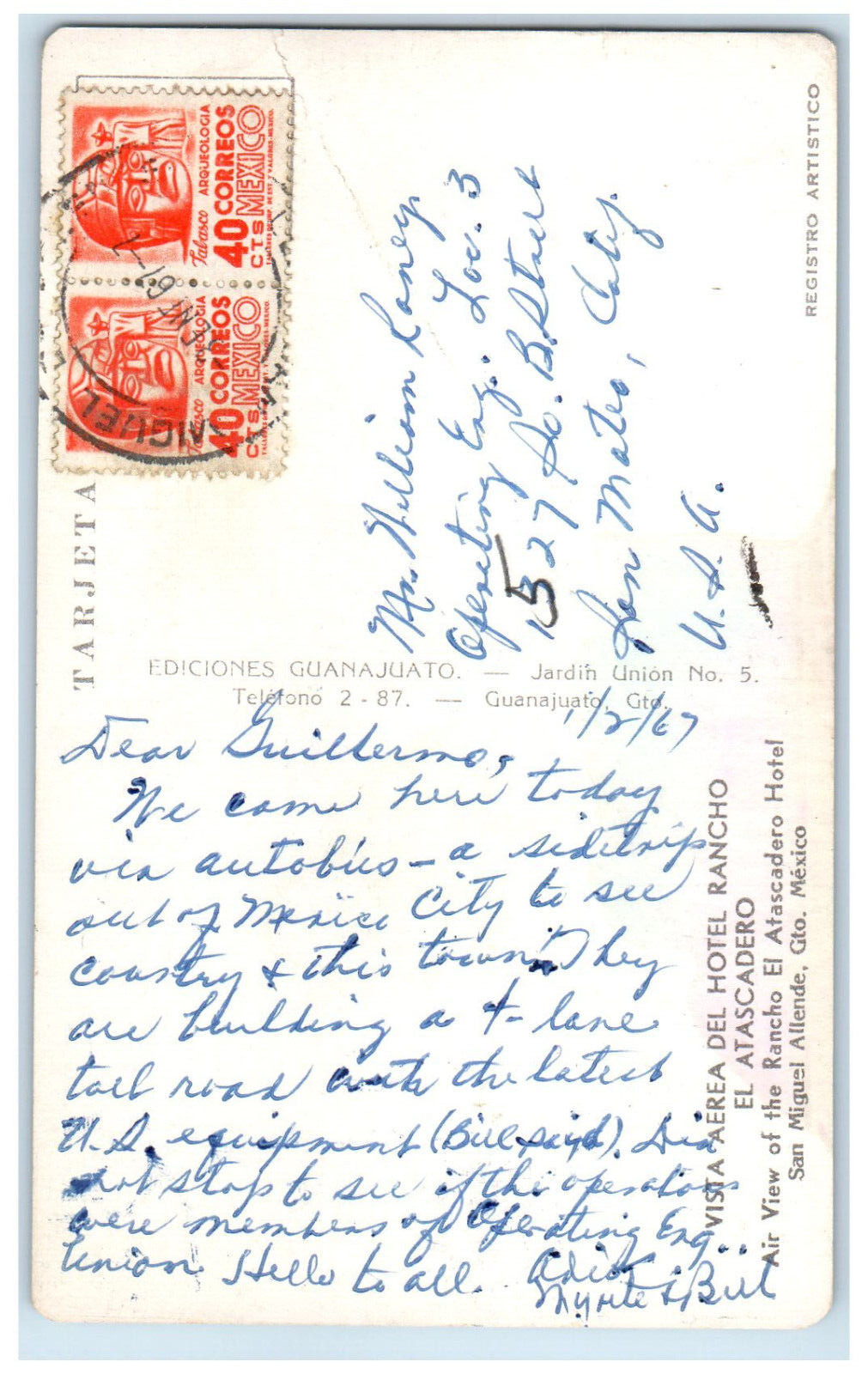 1967 Air View of Rancho El Atascadero Hotel San Miguel Allende Mexico ...