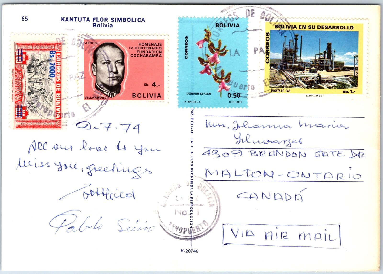 Vintage Continental Sized Postcard Symbolic Flower of Bolivia Full ...