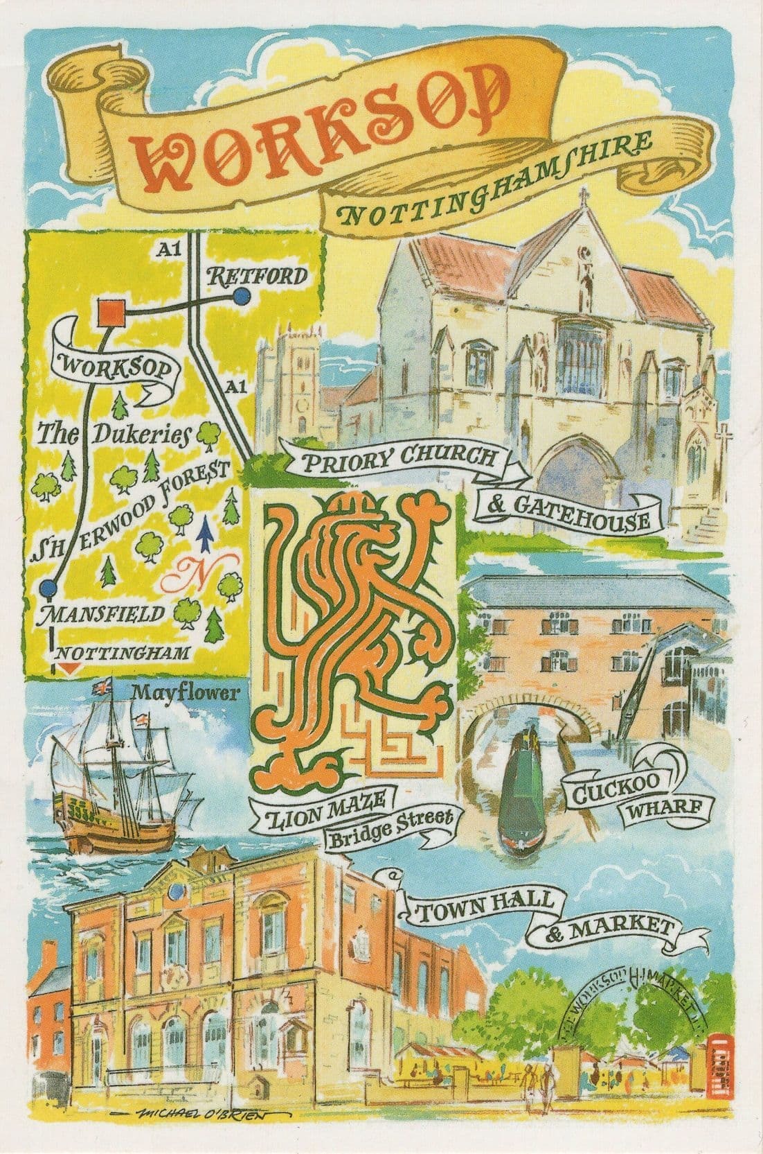 Worksop Nottingham Lion Maze Market Mayflower Ship Map Postcard ...