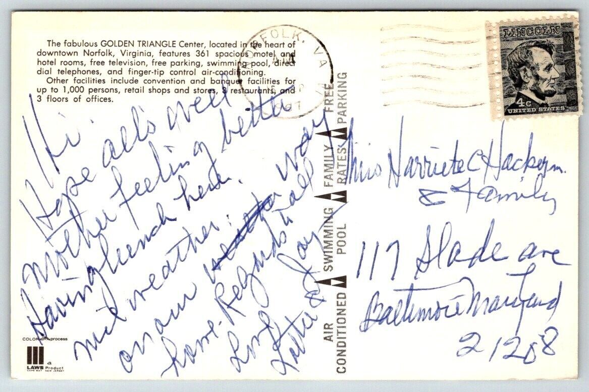 The Golden Triangle Motor Hotel Norfolk Virginia 1967 Postcard | United ...