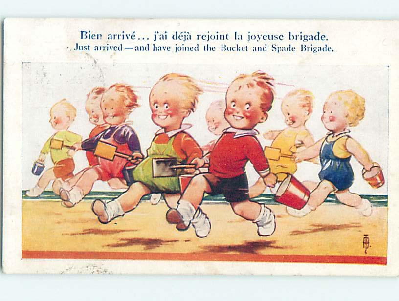 Bamforth foreign signed KIDS WITH PAILS AND SHOVELS RUNNING ON THE ...