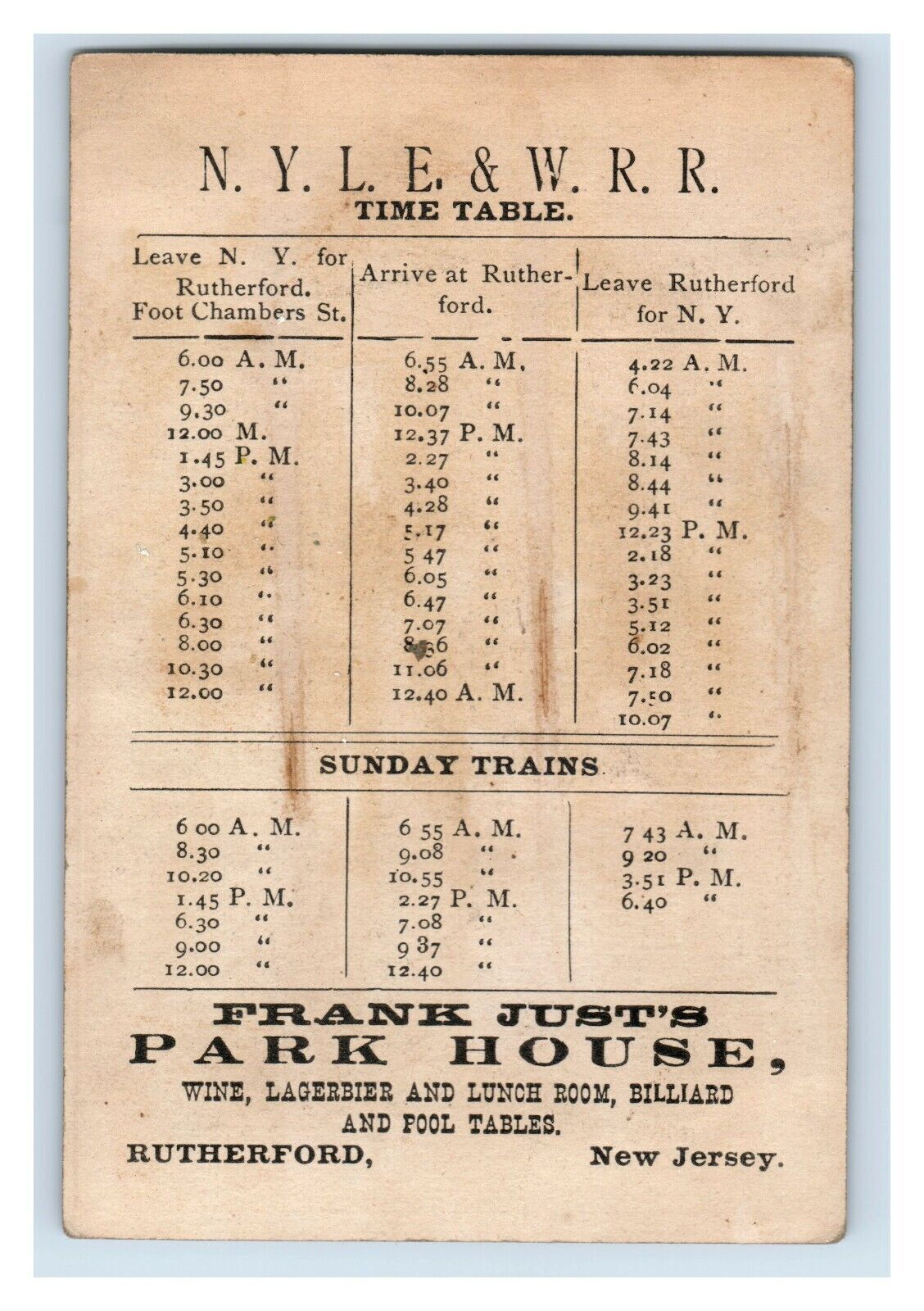 1880s N.Y. Western Railroad Time Table lake Erie Frank Just's Park ...
