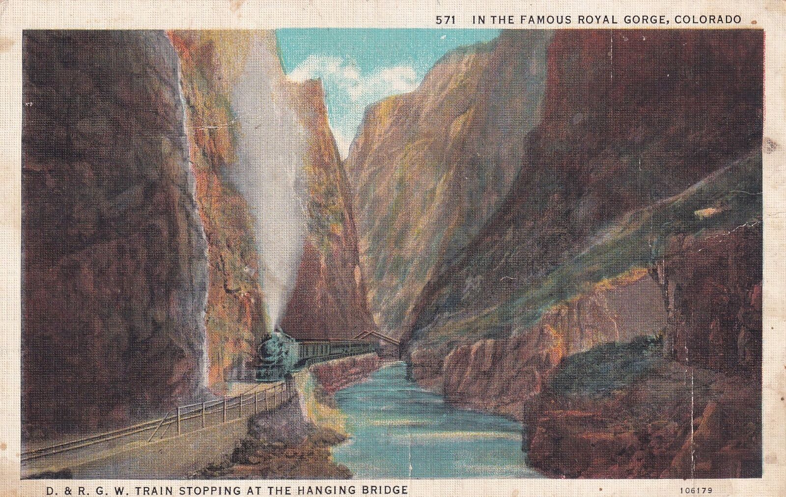 D.&R.G.W. Train Stopping Hanging Bridge Royal Gorge Postcard E20 ...