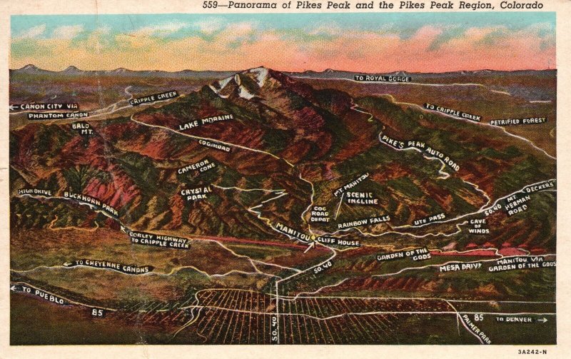 Vintage Postcard 1950's Panorama Of Pikes Peak & The Pikes Peak Region ... Vintage Postcard 1950's Panorama Of Pikes Peak & The Pikes Peak Region ...