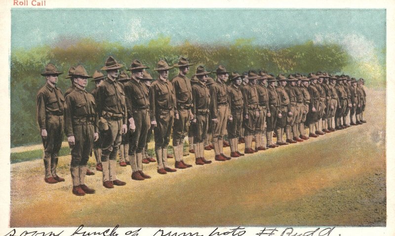 Vintage Postcard Military Army Lined Up For Roll Call Soldier Standing ...