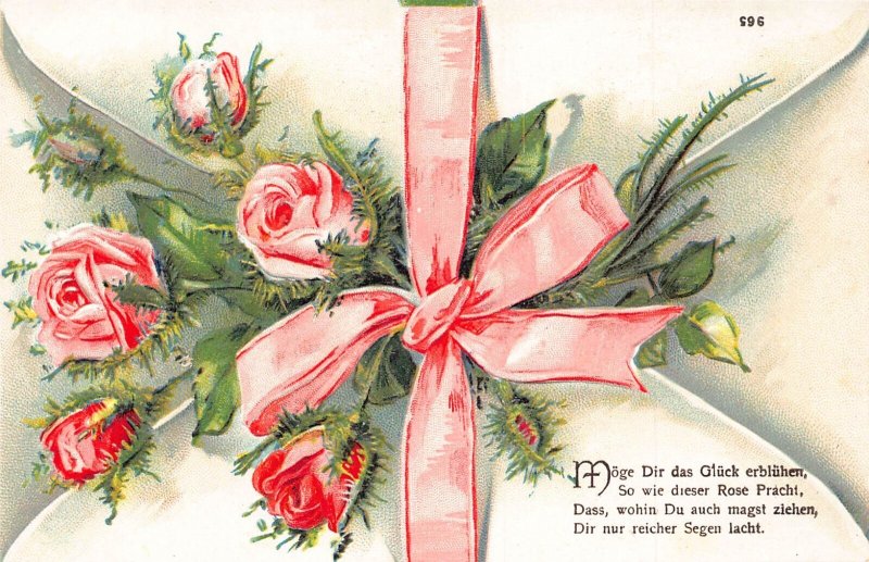 Good Luck Greetings Roses Bouquet Ribbon Letter poem embossed postcard ...