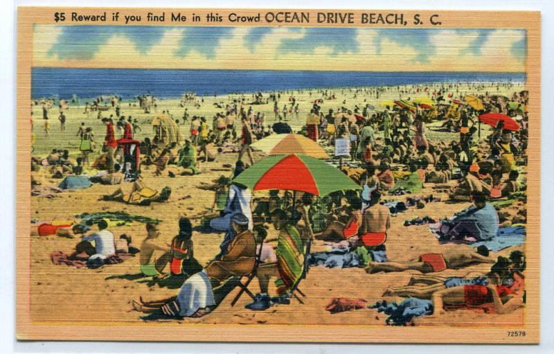 Crowded Beach Scene Ocean Drive Beach South Carolina linen postcard ...