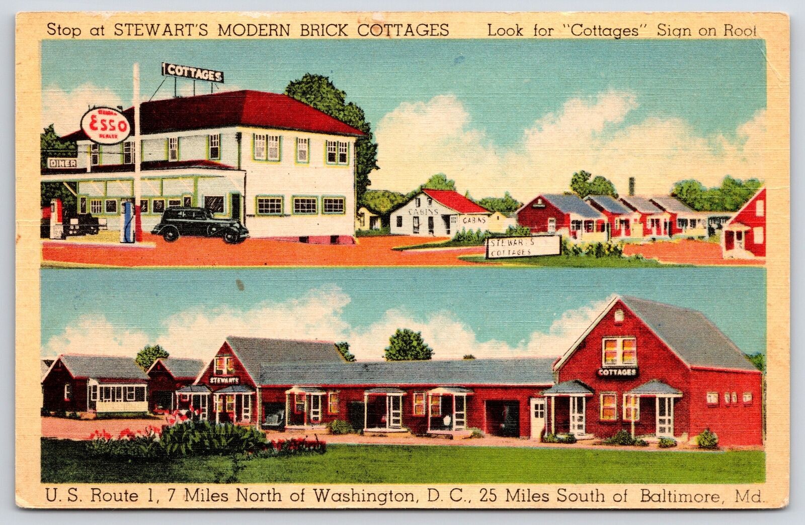 Vintage Postcard Stop at Stewarts Modern Brick Cottages Berwyn Maryland ...