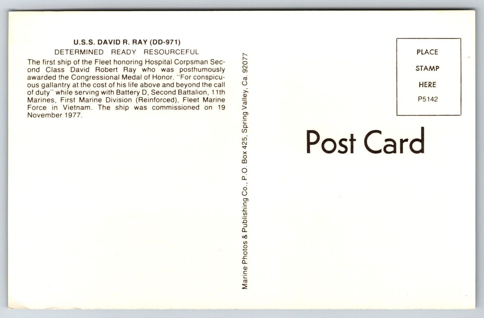 U.S.S. David R Ray DD 971 Navy Spruance Class Destroyer Photo Postcard ...