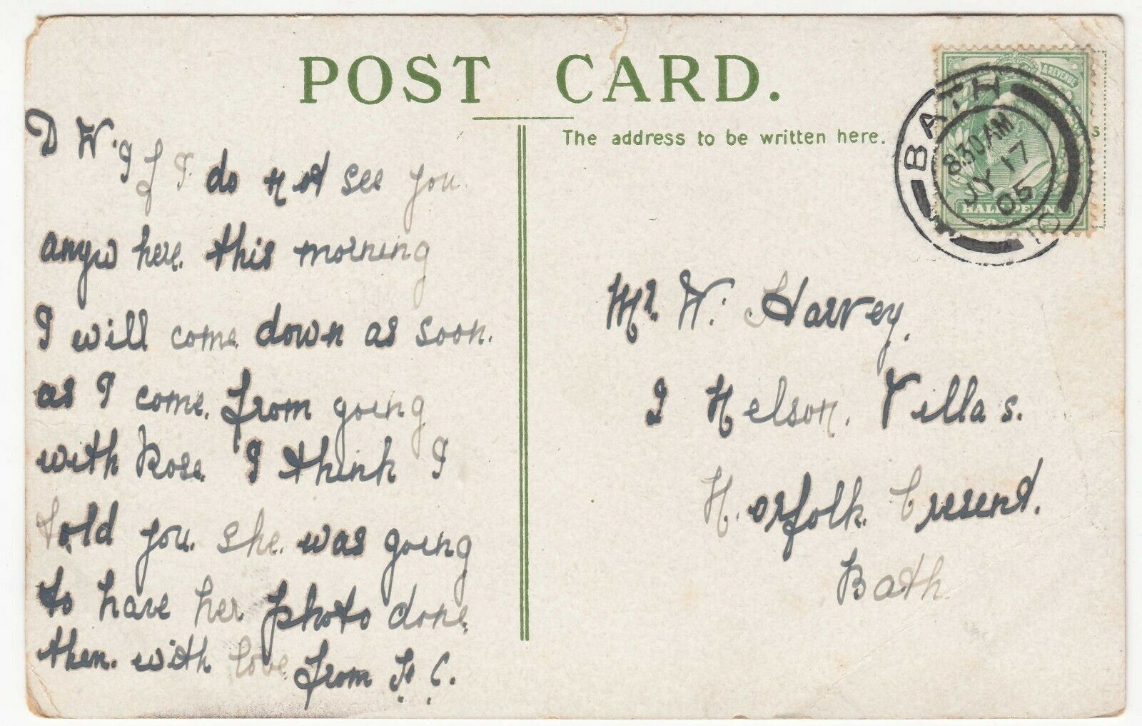 Somerset Bath From Warminster Road PPC 1905 To Mr Harvey Horforth ...