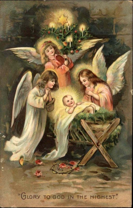 Christmas Little Girl Angels with Baby Jesus in Manger c1910 Gel ...