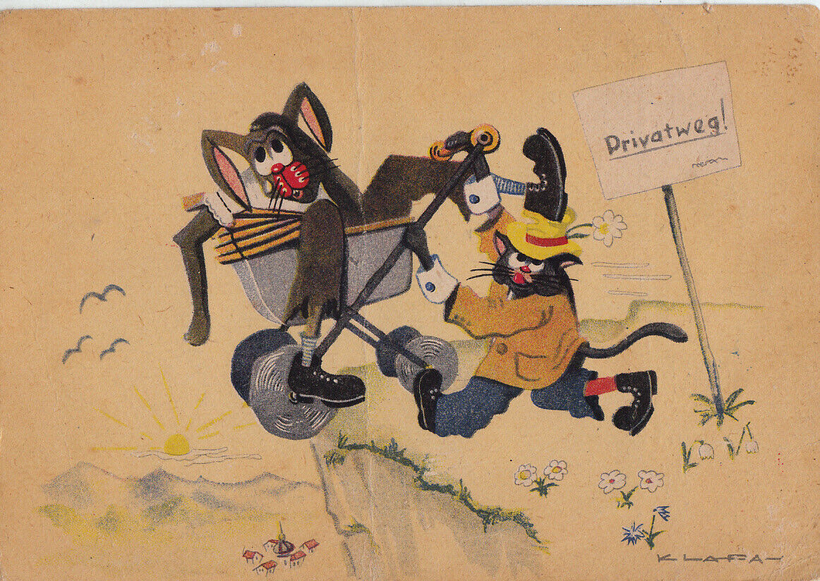 Artist signed Klara postcard humour comic cat & rabbit barrow | Topics ...