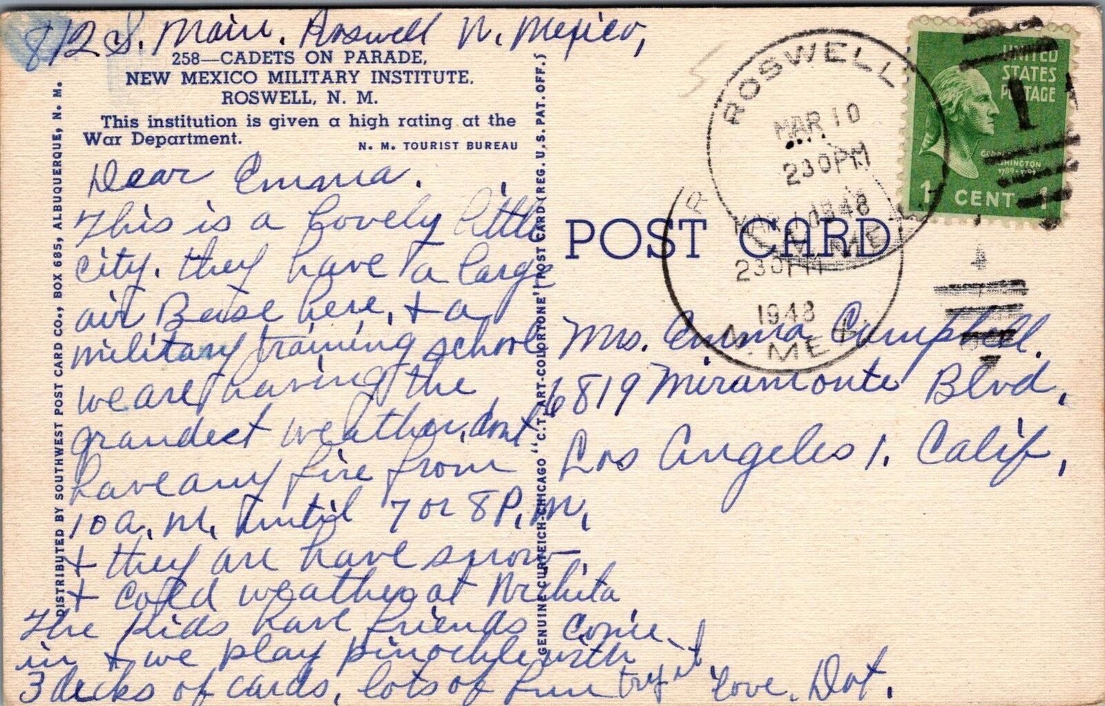 Postcard Cadets on Parade New Mexico Military Institute Roswell NM 1948 ...