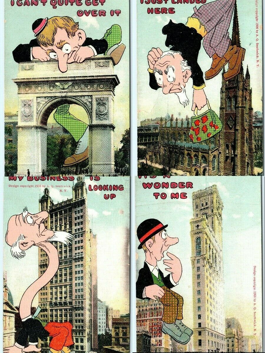 RARE 1900s LOT of 4 New York Postcard Comic Drawing Overlay Color ...