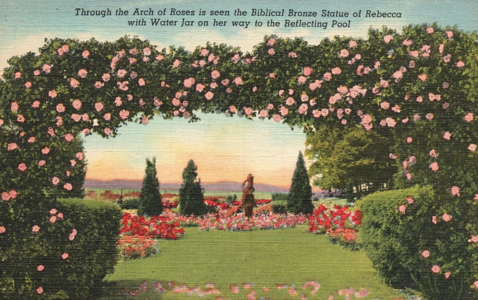 Vintage Postcard 1930's Arch of Roses Biblical Bronze Statue ...