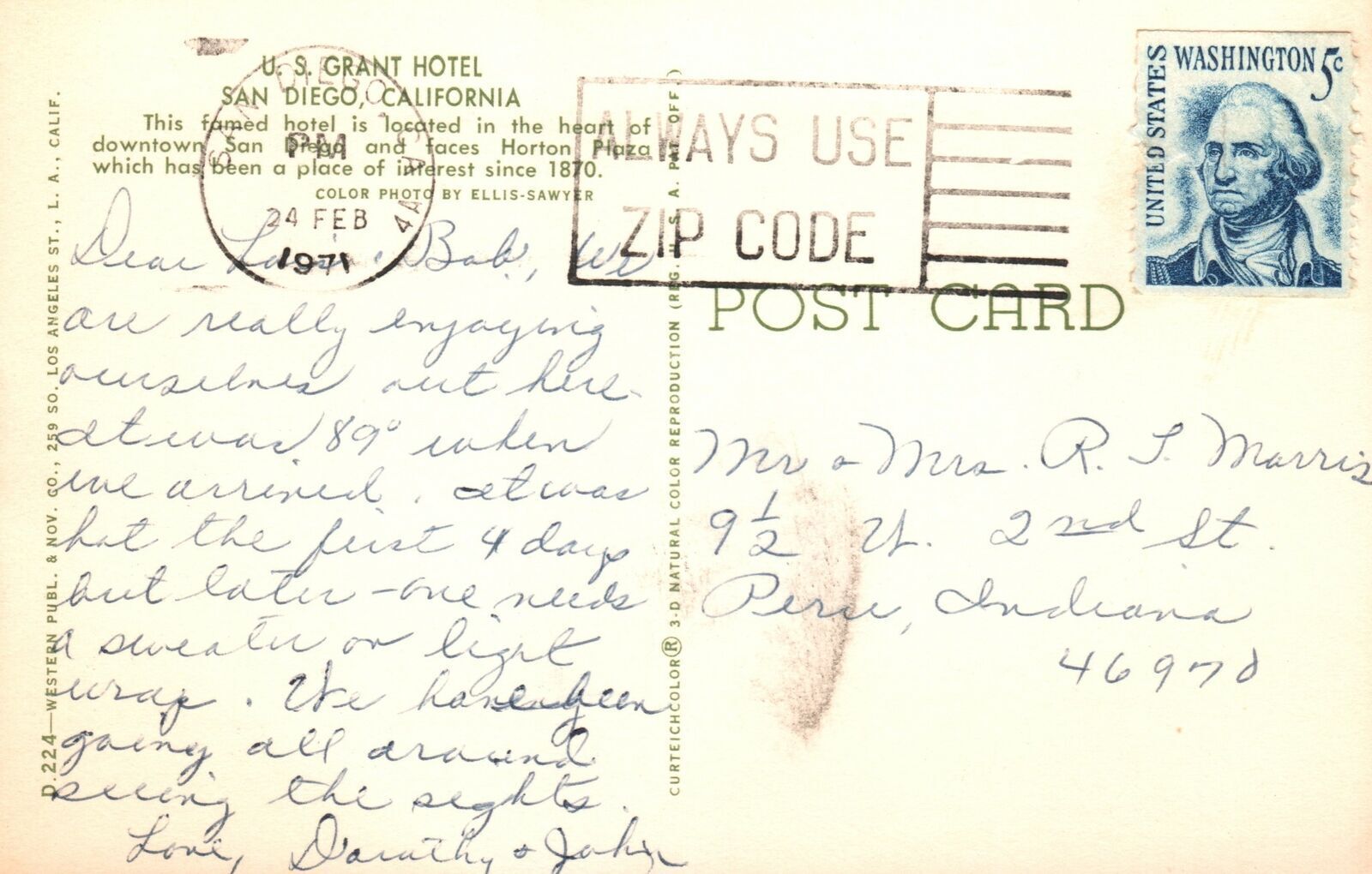 Vintage Postcard 1971 U. S. Grant Hotel Facing Horton Plaza San Diego ...