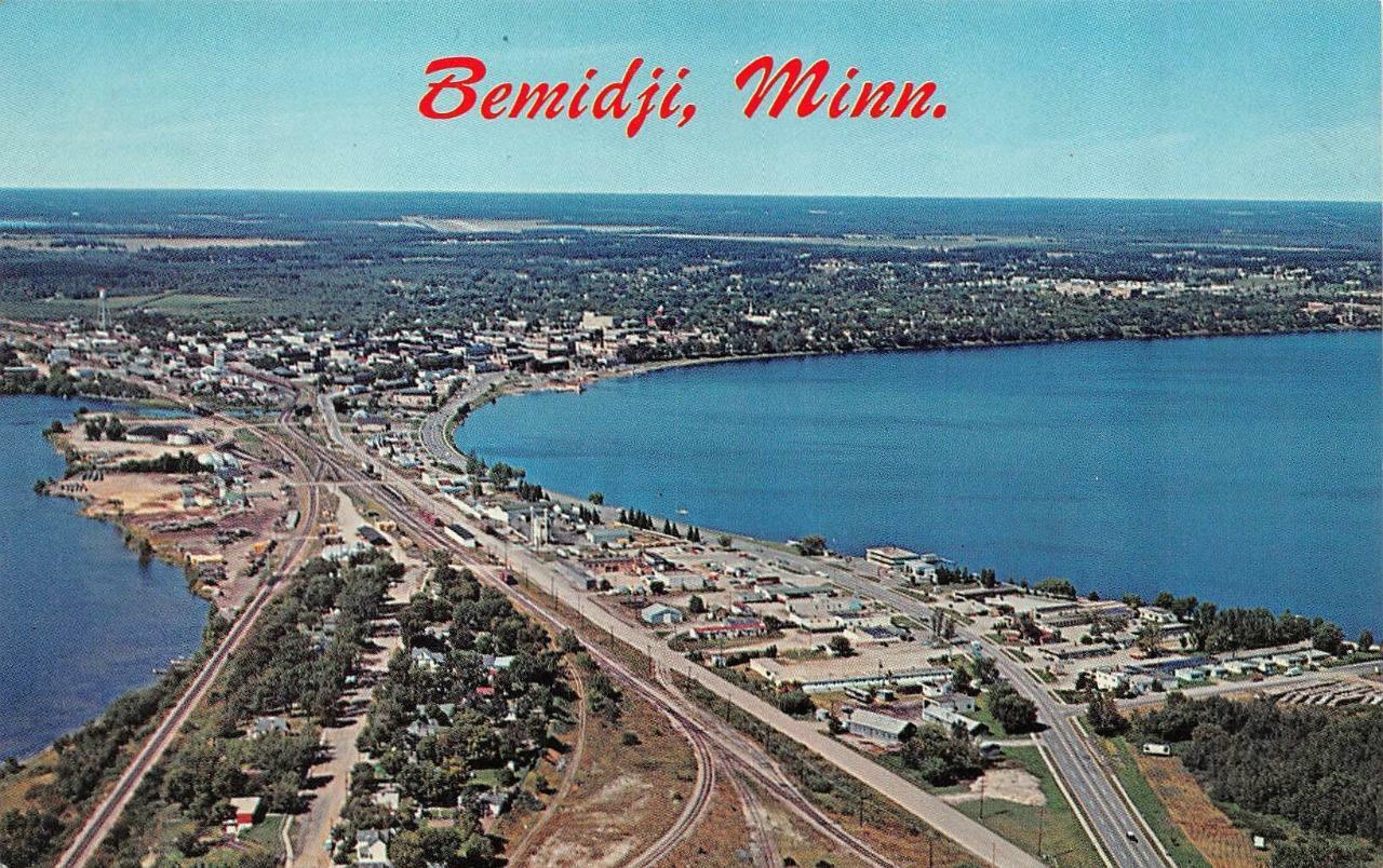 BEMIDJI, MN Minnesota CITY~WATERFRONT~HOMES Aerial View c1950's Chrome ...