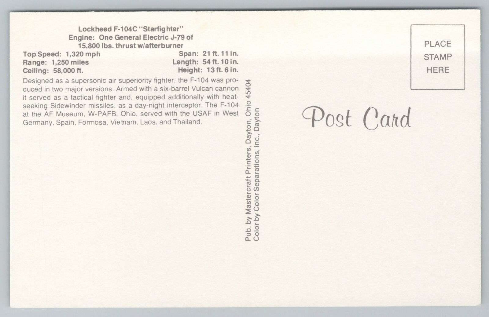 Aircraft~Lockheed F-104C Starfighter~Vintage Postcard | Other ...