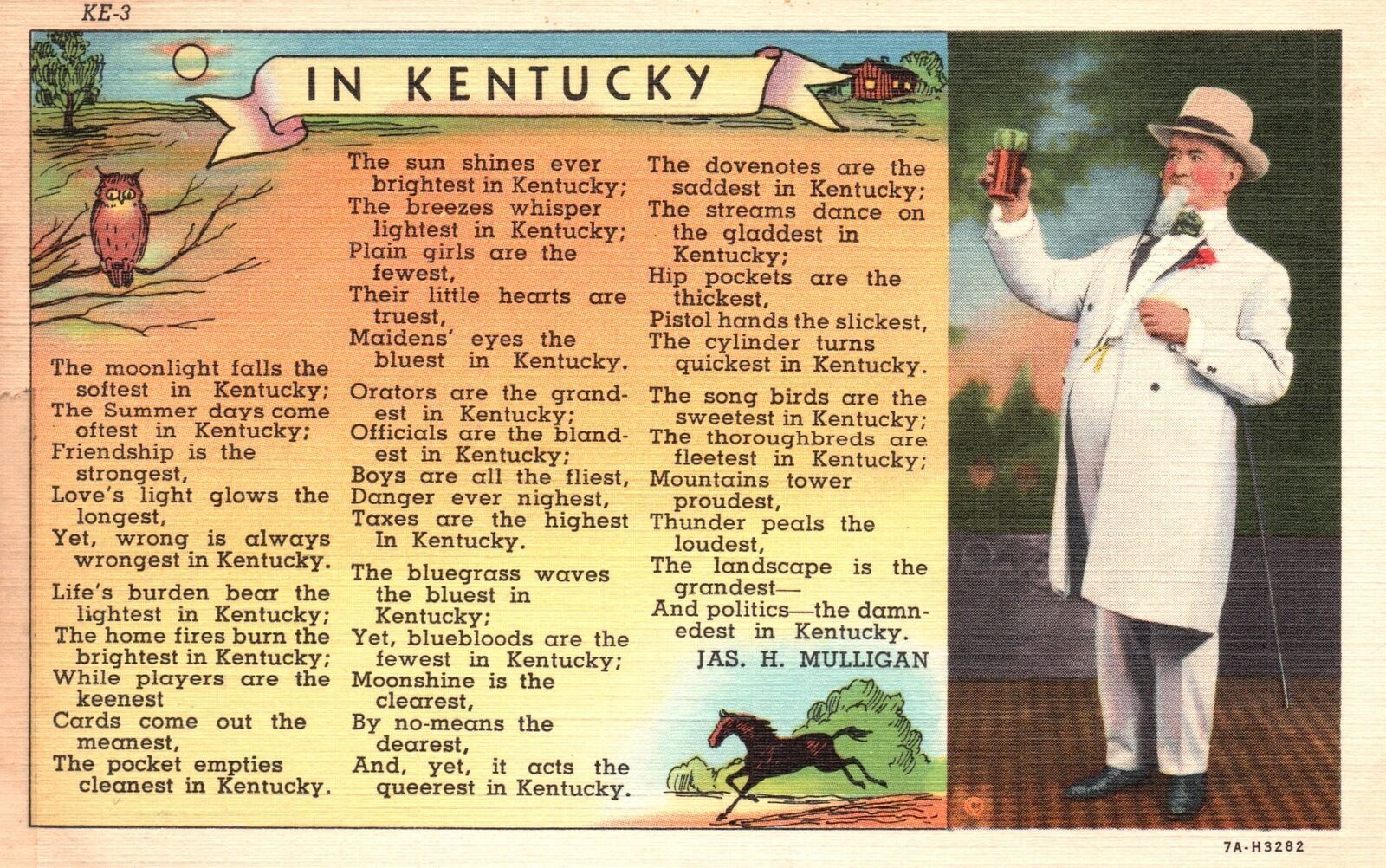 Vintage Postcard In Kentucky Poem By Jas. H. Mulligan Man Entertainer ...