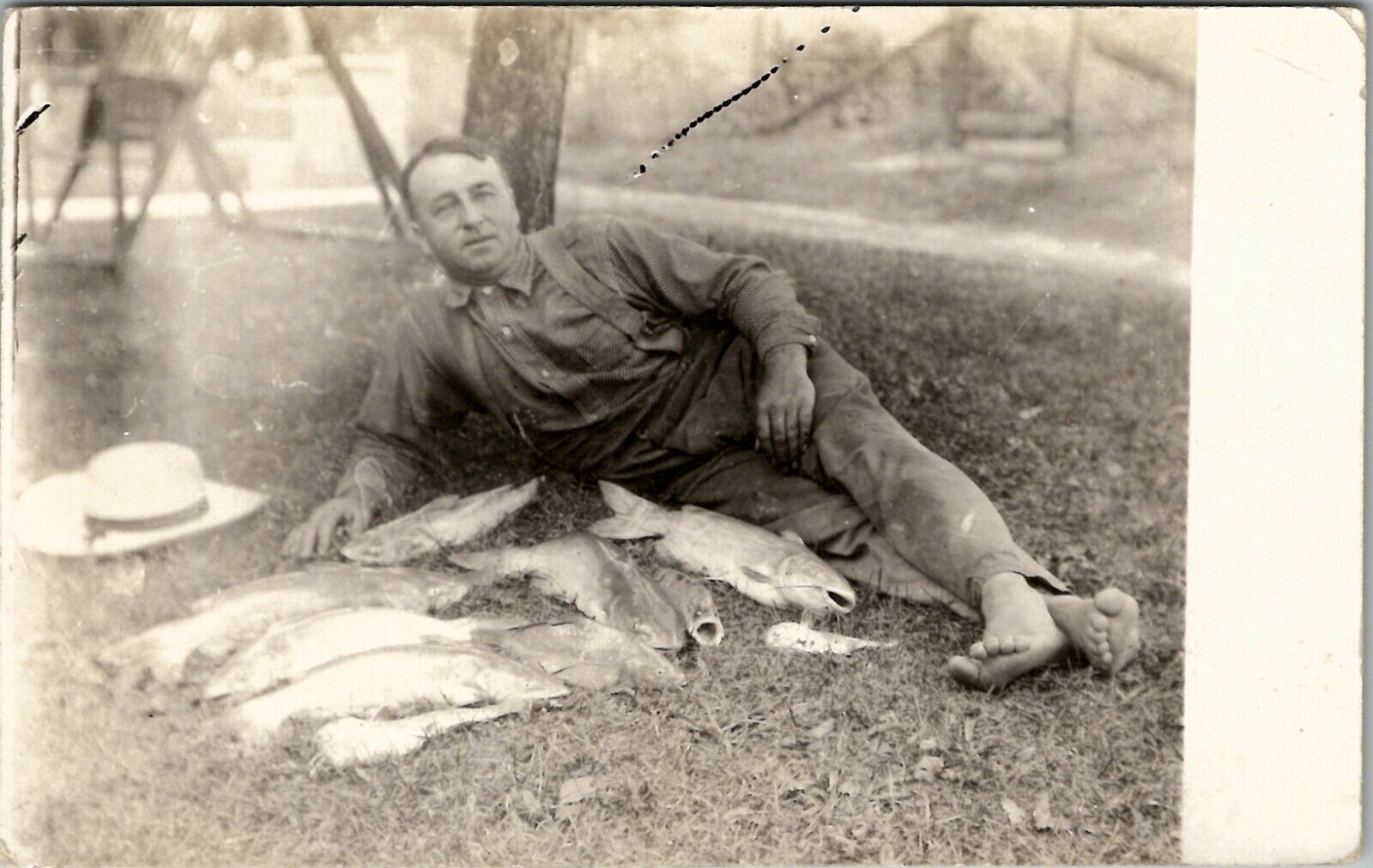 RPPC Barefoot Man Posing on Lawn with His Catch of Fish c1920s Postcard ...
