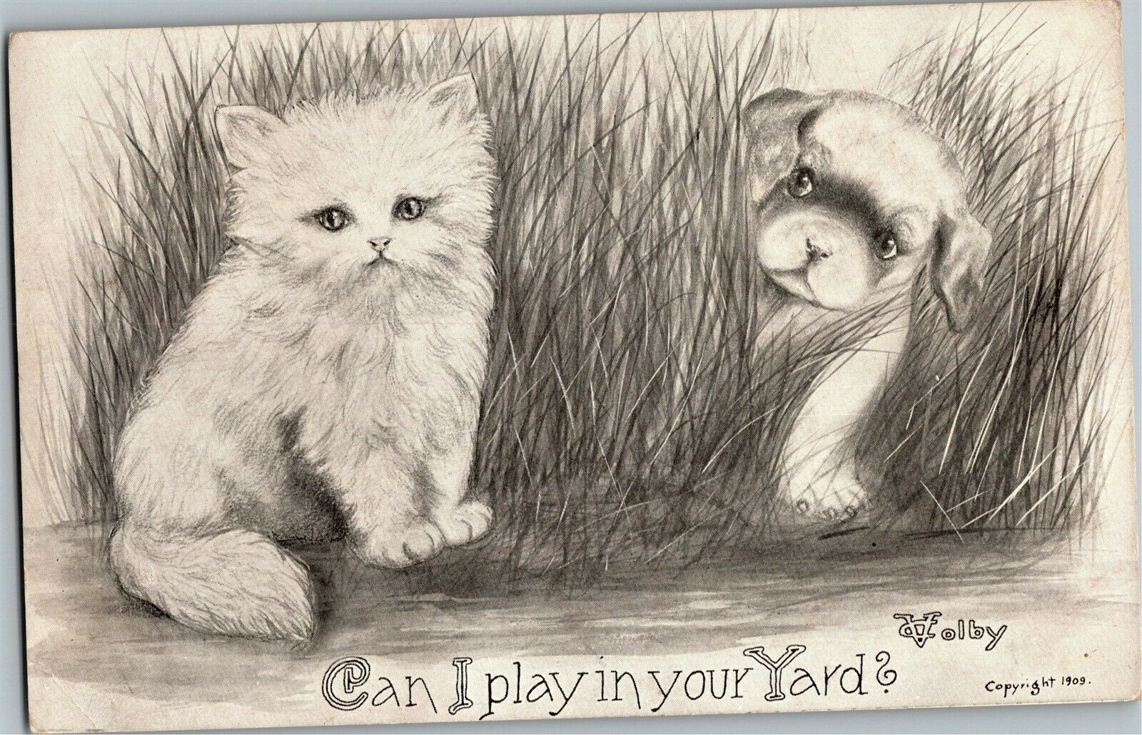 Dog & Cat in Grass Can I Play Your Yard Artist Vincent Colby c1909 ...