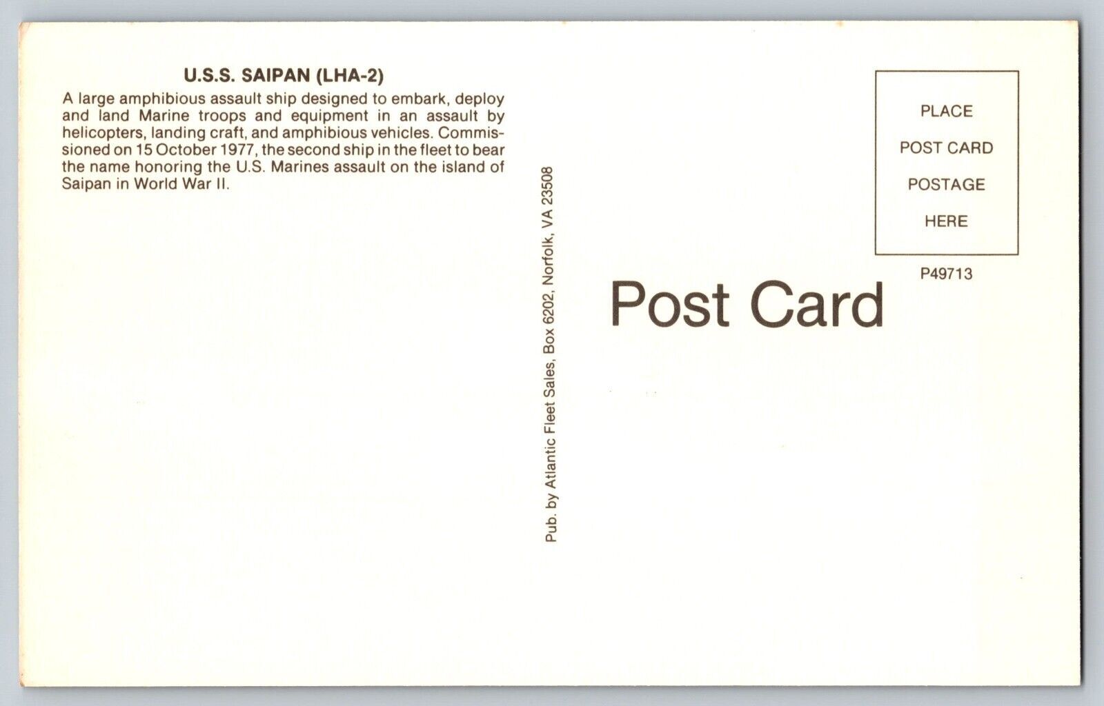 Postcard US Navy Ship - USS Saipan (LHA-2) - Amphibious Assault Ship ...