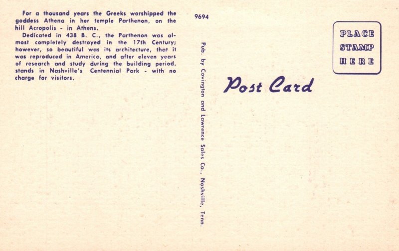 Vintage Postcard The Parthenon Building Centennial Park Nashville ...