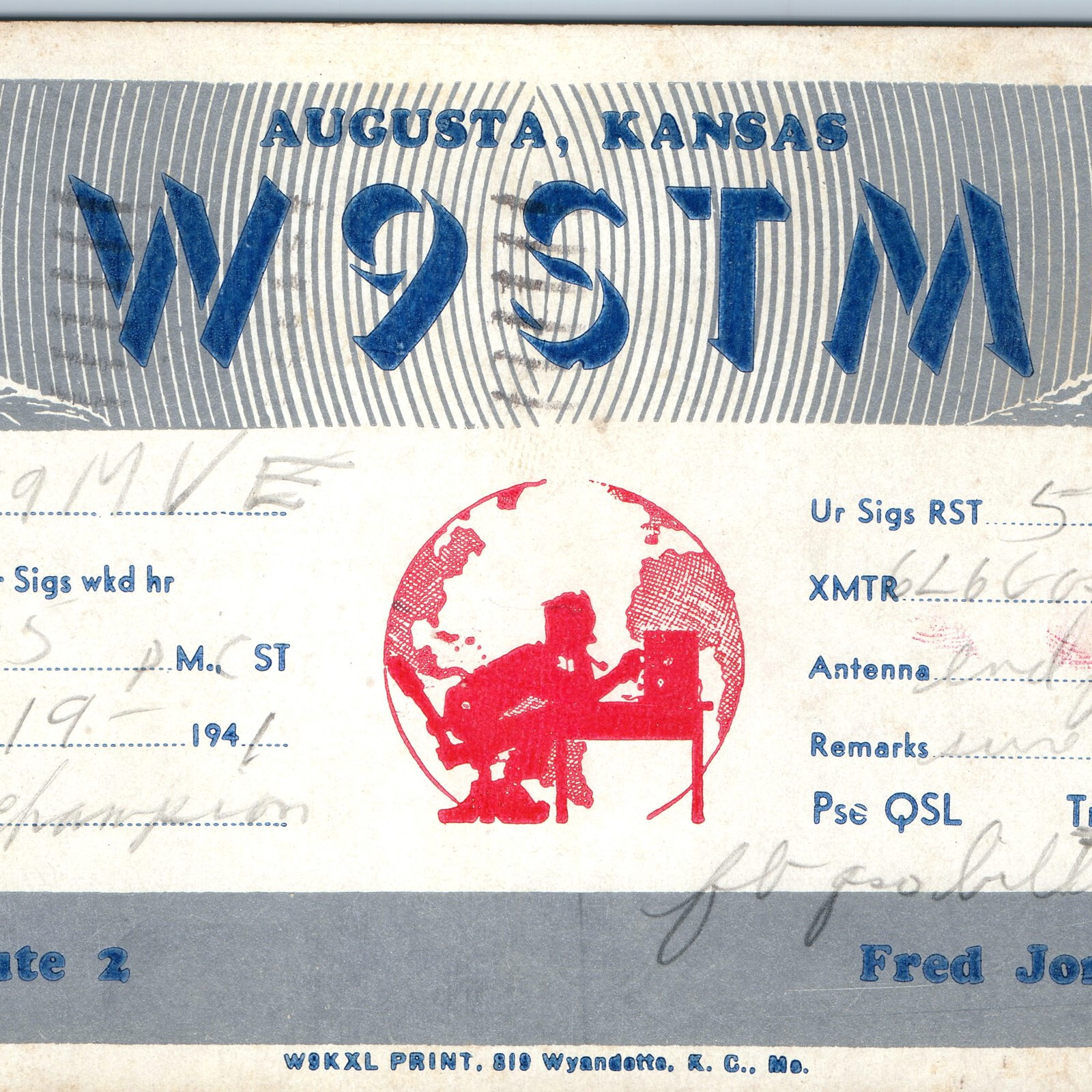 c1940s Augusta, KS Radio Tower Art QSL Radio Card Jones Simple Wave ...