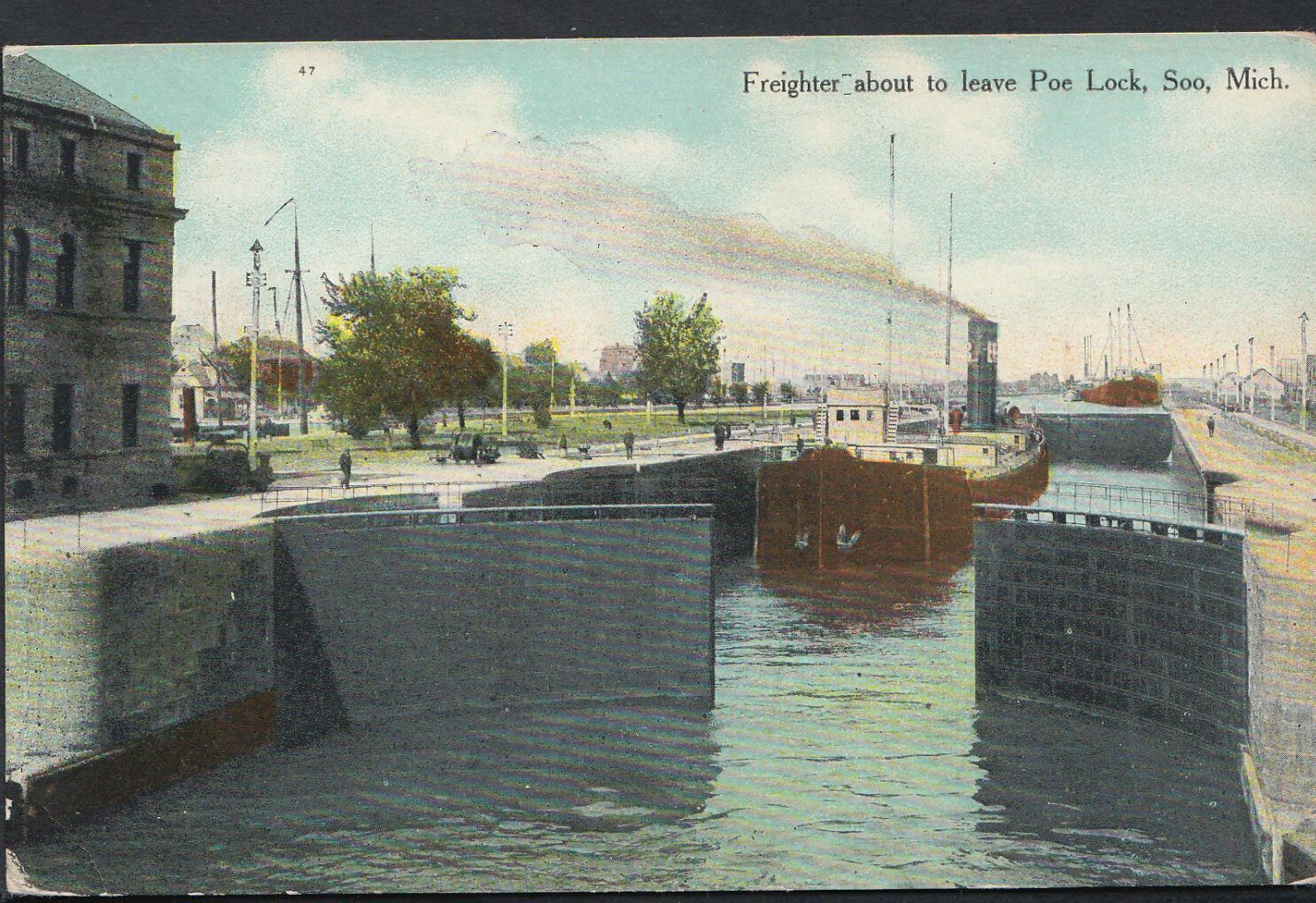 America Postcard - Freighter About To Leave Poe Lock, Soo, Michigan ...