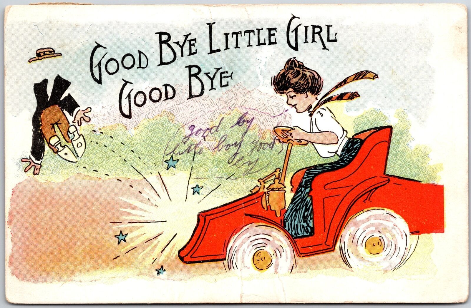 1907 Girl Driving Fast The Car "Good Bye Little Girl" Comic Card Posted ...
