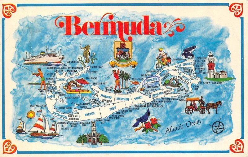 Caribbean BERMUDA MAP CARD Cities & Attractions 1974 Vintage Postcard ...
