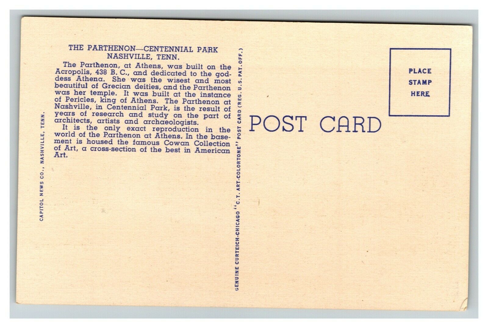 Vintage 1940's Postcard The Parthenon Centennial Park Nashville ...