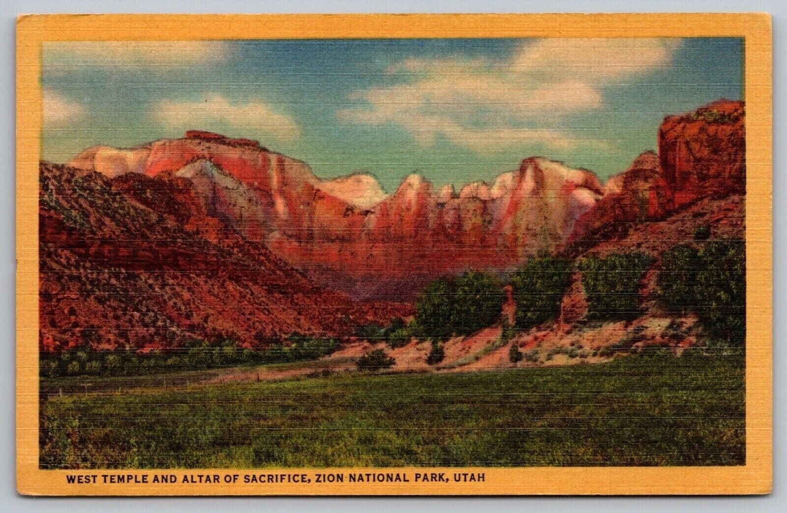 Zion National Park Utah West Temple & Altar Of Sacrifice Linen Postcard ...