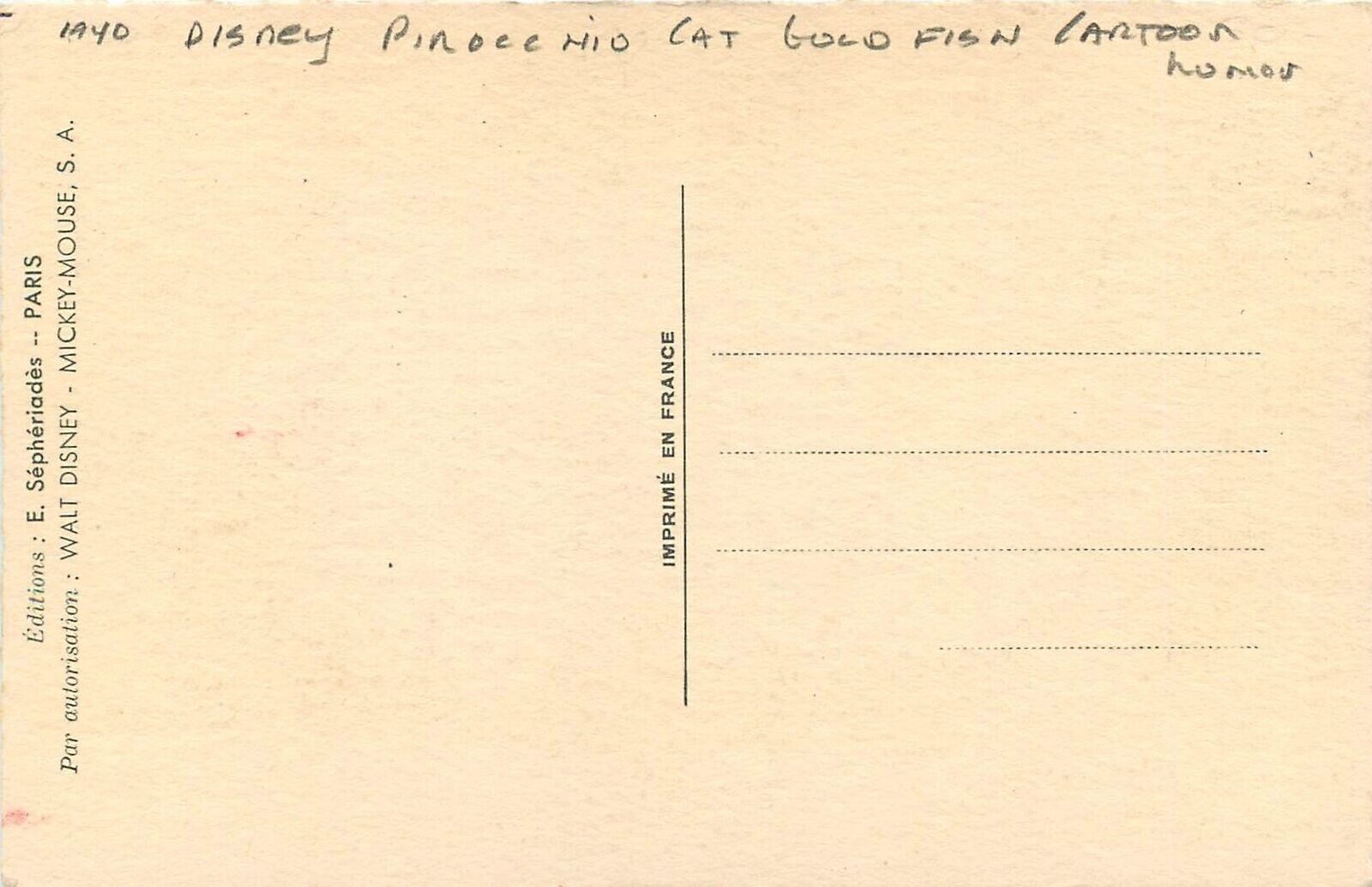 Postcard 1940s Disney Pinocchio cat gold fish cartoon humor 23-11475 ...