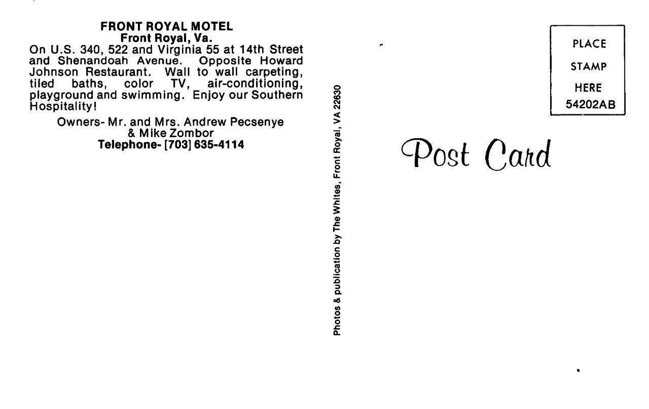 Front Royal, Virginia VA FRONT ROYAL MOTEL~Pecsenye & Zombor ROADSIDE ...