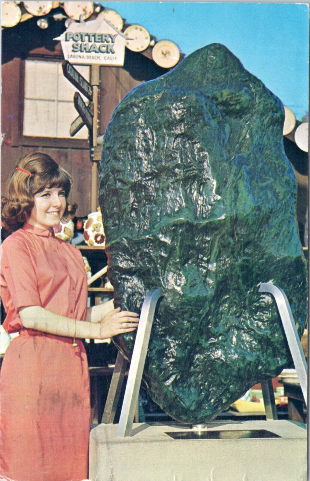 Postcard CA Laguna Beach - The Pottery Shack woman next to huge jade ...