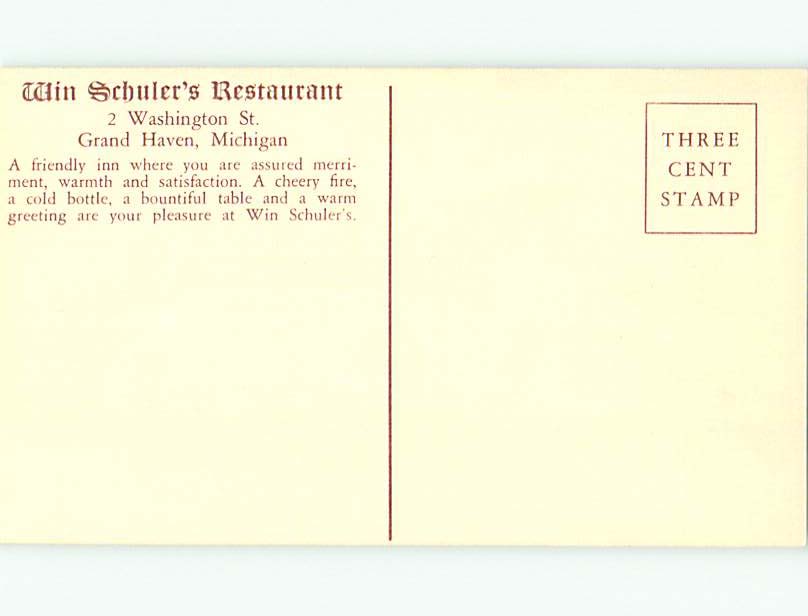 Unused 1960's WIN SCHULER'S RESTAURANT Grand Haven Michigan MI v7069 ...