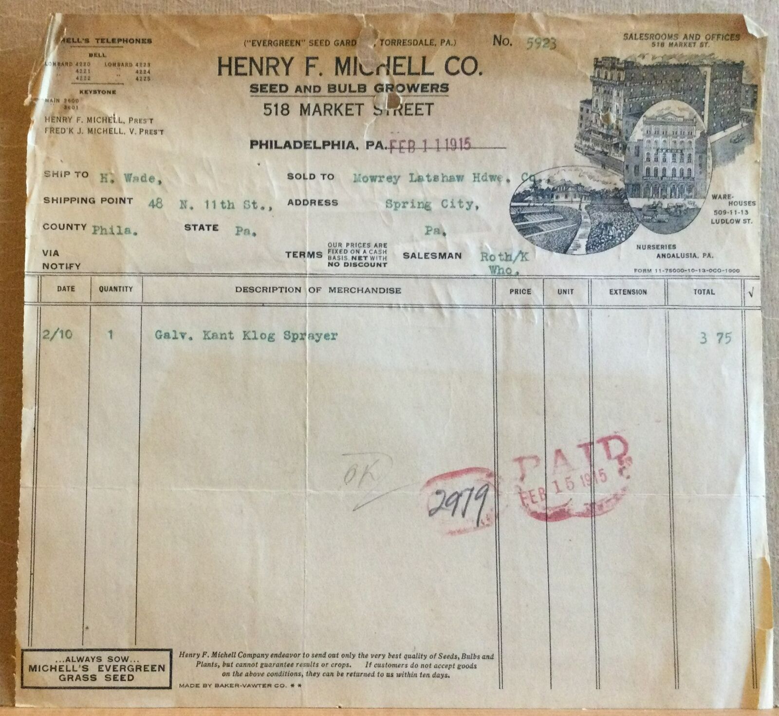 1915 Invoice Henry F. Michell Co Philadelphia PA Seed and Bulb Growers ...